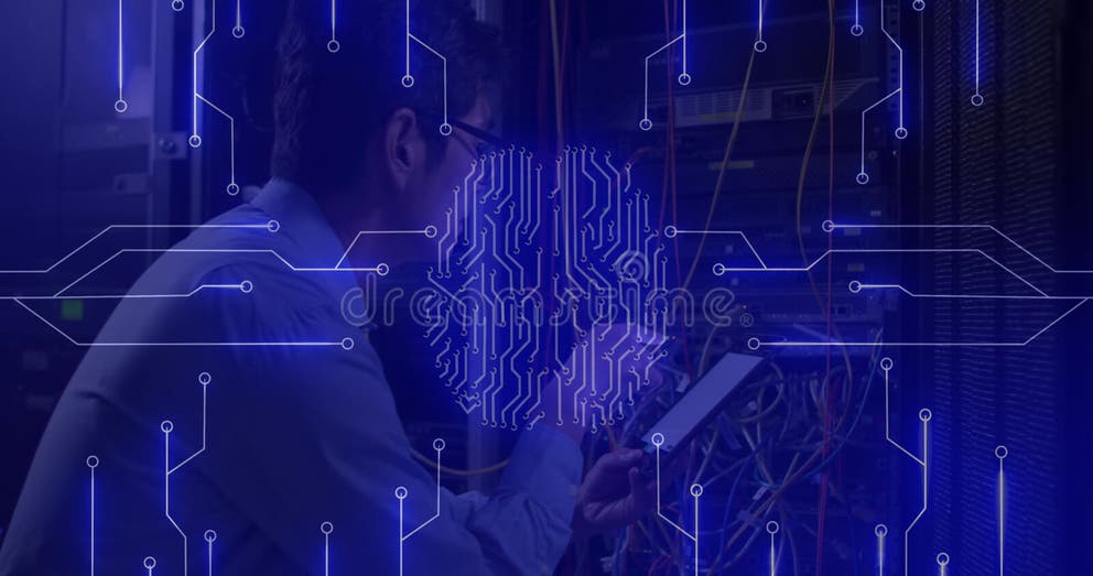 Image of Computer Circuit Board and Digital Brain Over Asian Man in ...