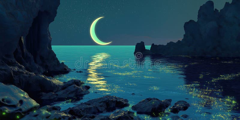 Computer Generated Image of a Moonlit Ocean with a Large Green Crescent ...