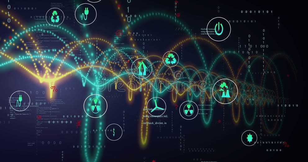 Image of Computer Icons with Colorful Spiral Patterns and Programming ...