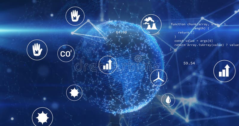 Image of Computer Icons with Dots Connected with Lines and Programming Data Against Globe Stock ...