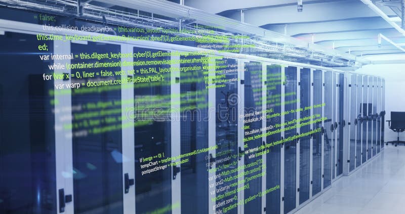 Image of Computer Language and Lens Flares Over Data Server Racks in Server Room Stock Photo ...