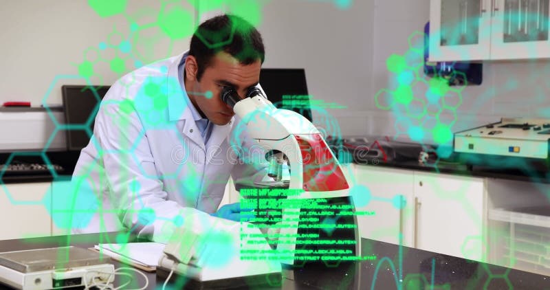Image of Computer Language and Molecule Structure Over Biracial Scientist Using Microscope Stock ...