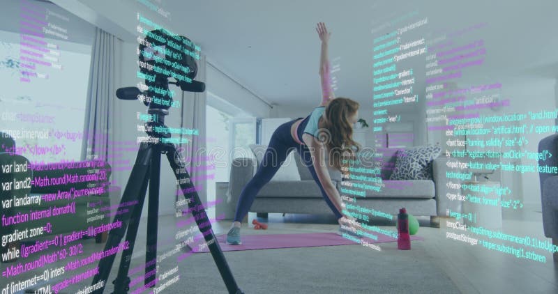 Image of Computer Language Over Caucasian Woman Recording Stretching on ...