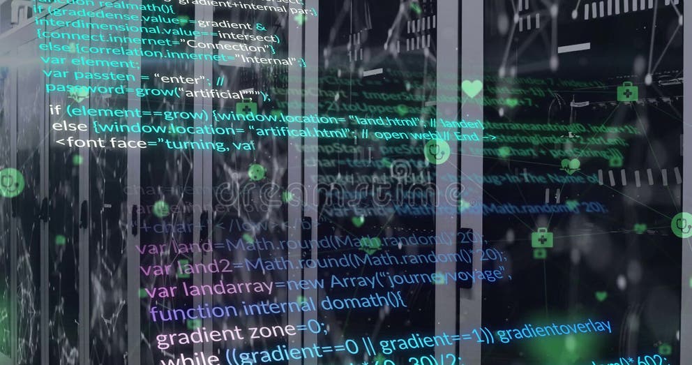 Image of Computer Language Over Connected Dots on Data Server Systems in Server Room Stock ...