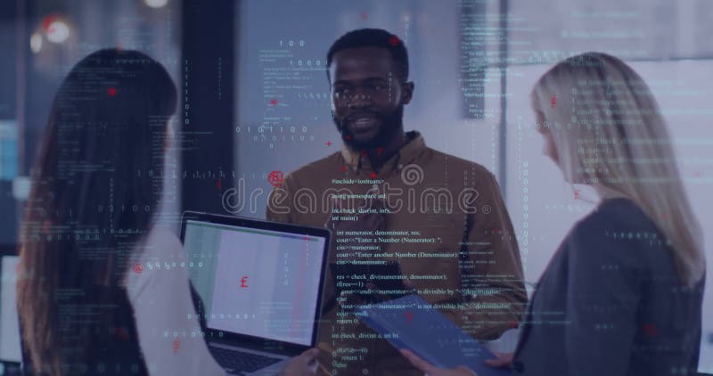 Image of Computer Language Over Diverse Coworkers Standing and Sharing Ideas in Office Stock ...