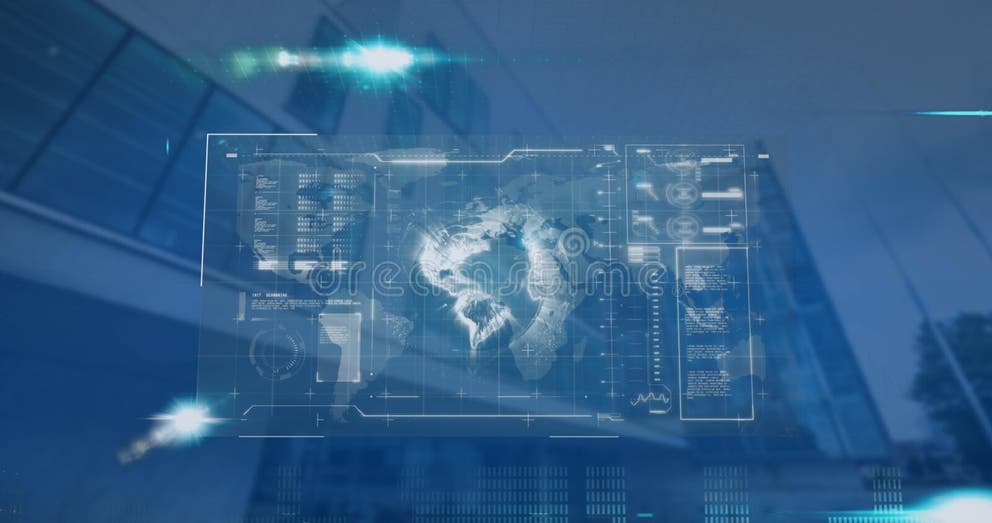 Image Of Computer Language Over Globe Loading Bars Circles Against Low Angle View Of Building