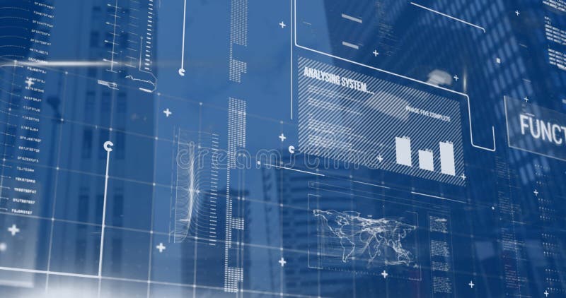 Image of Computer Language Over Loading Bars, Map, Graph, Texts Over Low Angle View of Buildings ...