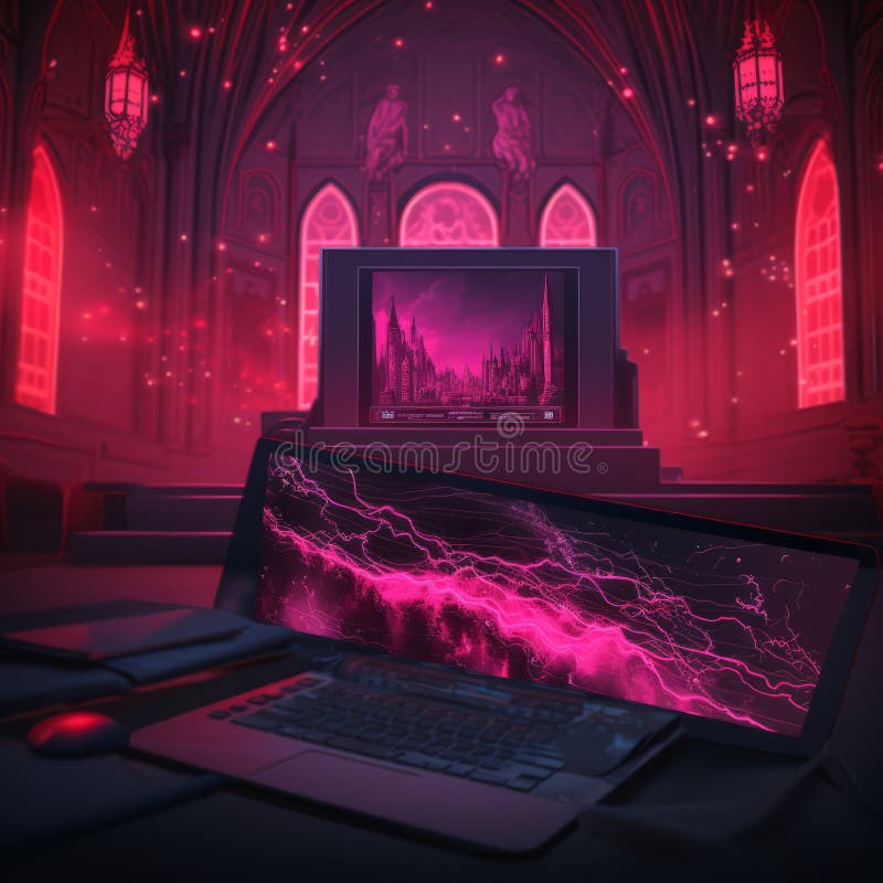 An Image of a Computer with a Laptop on a Table in Front of a Stained ...