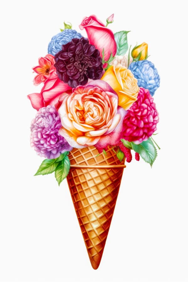 Image of Cone of Ice Cream with Bouquet of Flowers in it. Generative AI ...