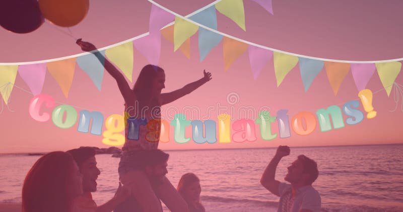 Image of Congratulation Text and Bunting Over Friends Having Fun at ...