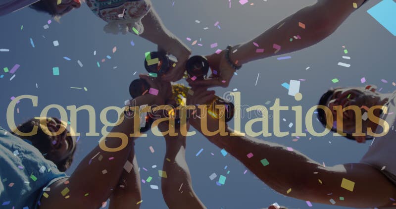 Image of Congratulation Text and Confetti Over Friends Having Fun ...