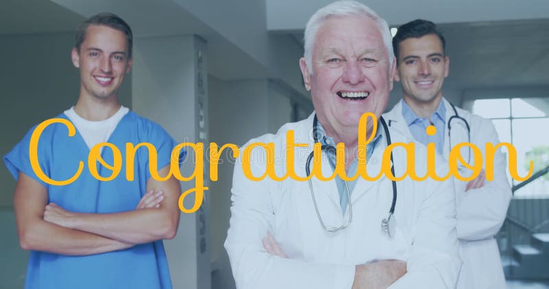 Image of Congratulation Text Over Caucasian Doctors Smiling Stock Photo ...