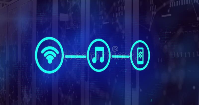 Image of Connected Blue Media Icons and Network of Connections Over ...