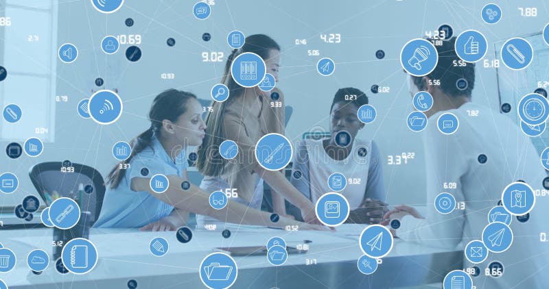 Image of Connected Computer Icons and Numbers Over Diverse Women ...