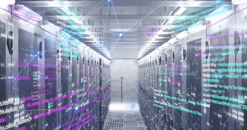 Image of Connected Dots and Computer Language Over Data Server Racks in Server Room Stock ...
