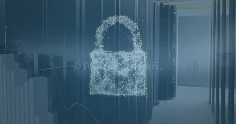 Image of Connected Dots Forming Lock and Graphs Over Data Server Racks ...