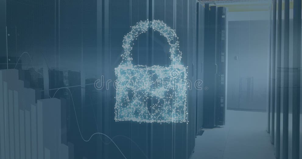 Image of Connected Dots Forming Lock and Graphs Over Data Server Racks ...
