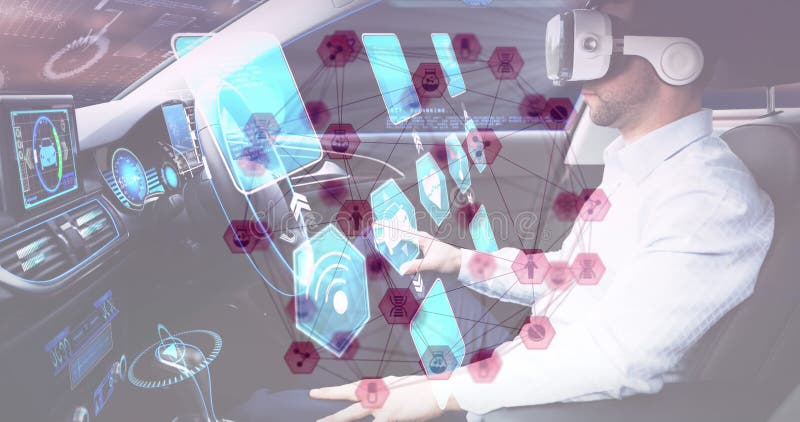 Image of Connected Icons and Information Displays with Man in Vr ...