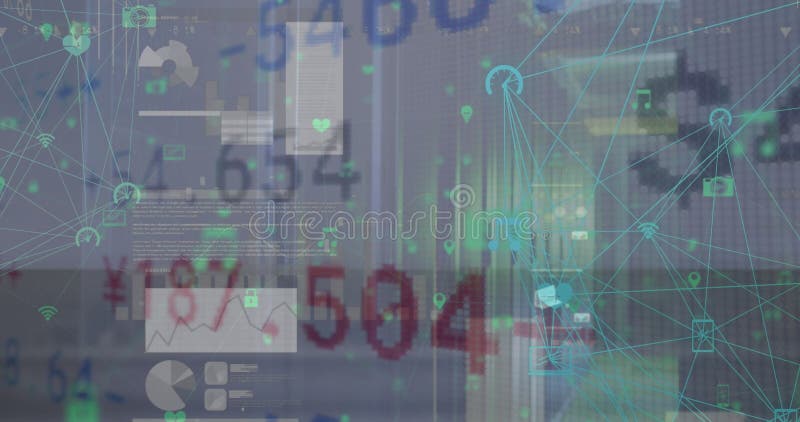 Image of Connected Icons with Moving Stock Market Data Over Infographic ...