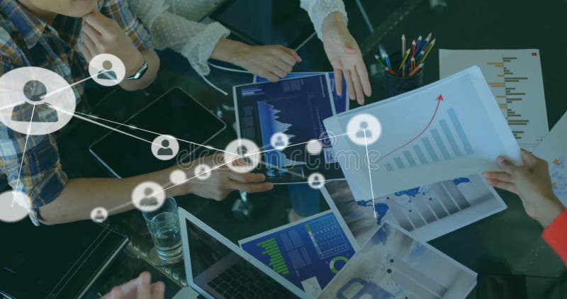 Image of Connected Icons Over Diverse Coworkers Discussing and ...