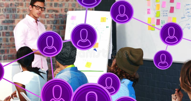 Image of Connected Icons Over Diverse Manager Explaining Strategy To ...