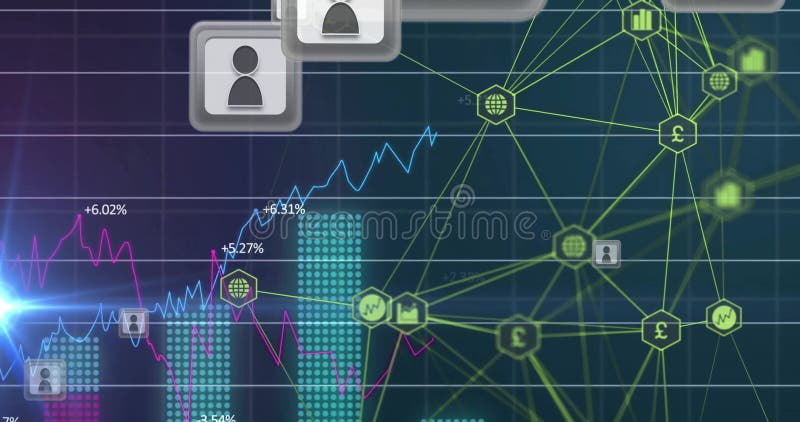 Image of Connected Icons, Profile Icons, Graphs with Changing Numbers ...