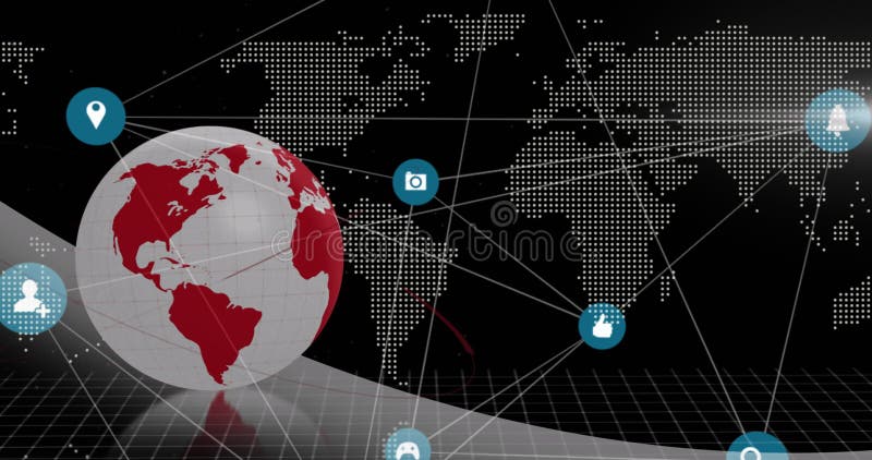 Image of Connected Icons with Rotating Globe and Map Over Black ...