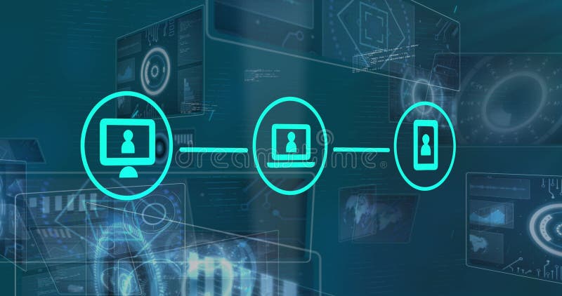 Image of Connected Media Icons Over Charts and Data Processing Stock ...