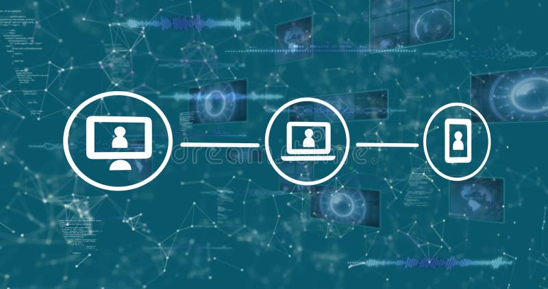Image of Connected Media Icons Over Network of Connections and Data ...