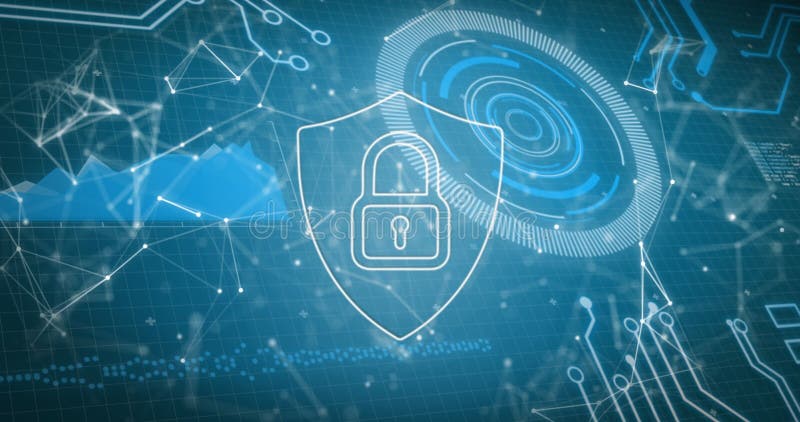 Image of Connections, Data and Digital Shield with Padlock on Blue ...