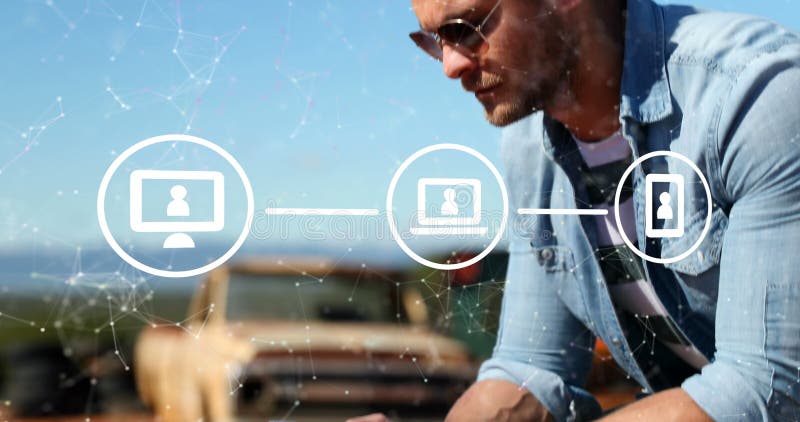 Image of Connections with Icons Over Caucasian Man Using Smartphone ...