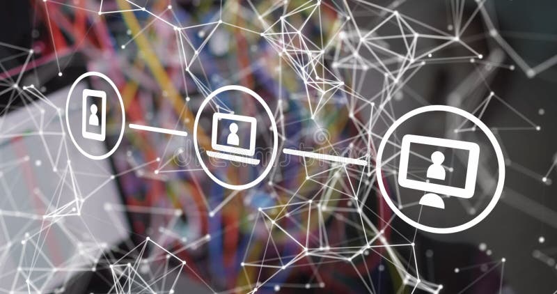 Image of Connections and Tech Icons Over Hands of African American Man ...