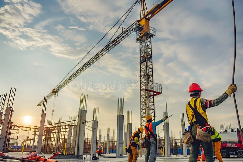 Construction Workers on the Background of the Building Under ...