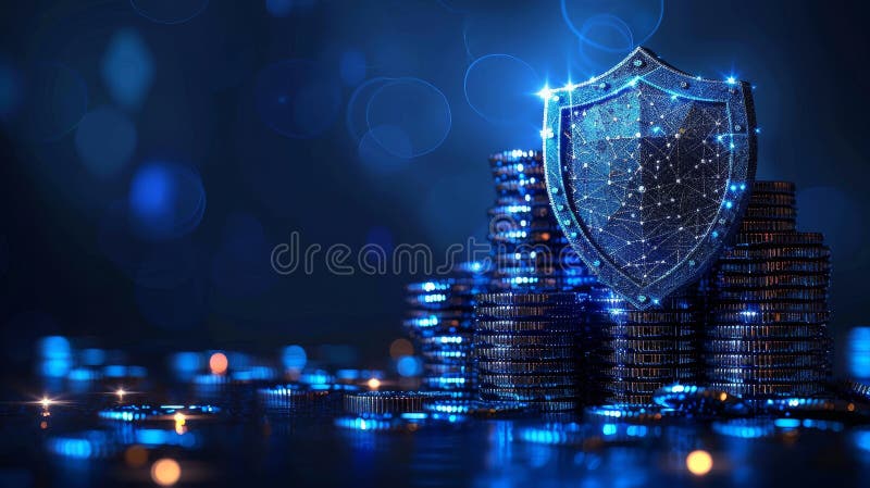 The Image Contains an Abstract Blue Guard Shield with a Stack of Coins ...