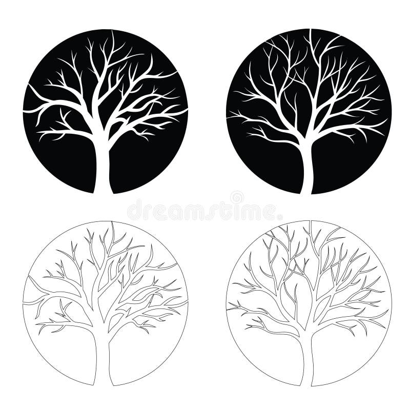 Four Bare Tree Branch Illustrations Black White Circular Designs ...