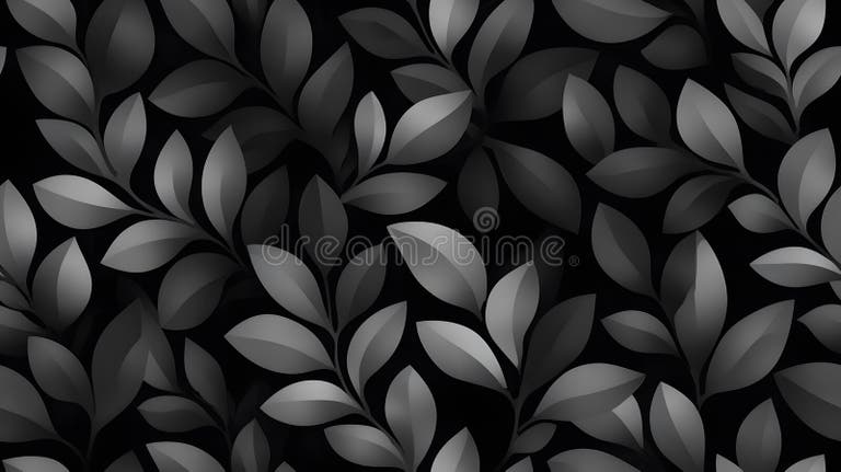 The Image Contains a Seamless Pattern of Grayscale Leaves on a Black Background. the Leaves are ...