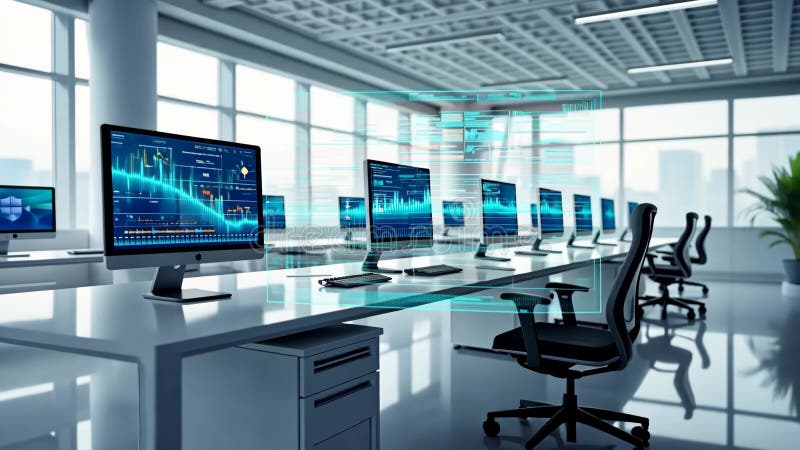 Modern Office Workspace with Futuristic Technology Integration Stock ...