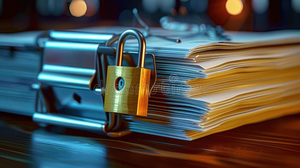 Secure Data Protection: Stacks of Documents with Metal Clamps and Padlock on Wooden Desk Stock ...