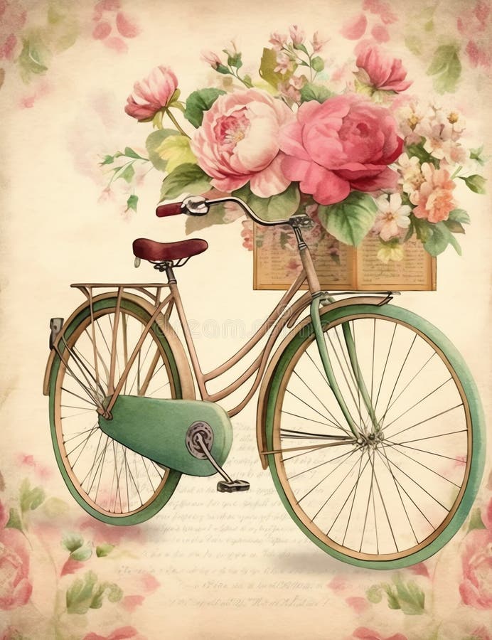 Cottagecore Bicycle Old Paper, Vintage Digital Paper Stock Illustration ...