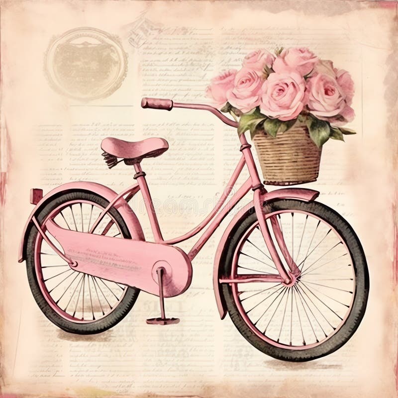 Cottagecore Bicycle Old Paper, Vintage Digital Paper Stock Illustration ...