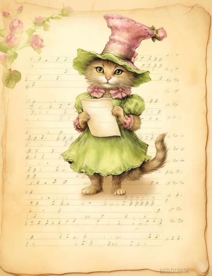 Cottagecore Cat Old Paper, Vintage Digital Paper Stock Illustration ...