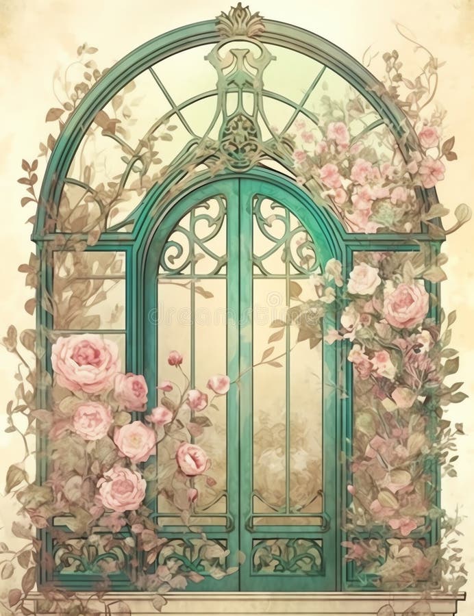 Cottagecore Windows Old Paper, Vintage Digital Paper Stock Illustration ...