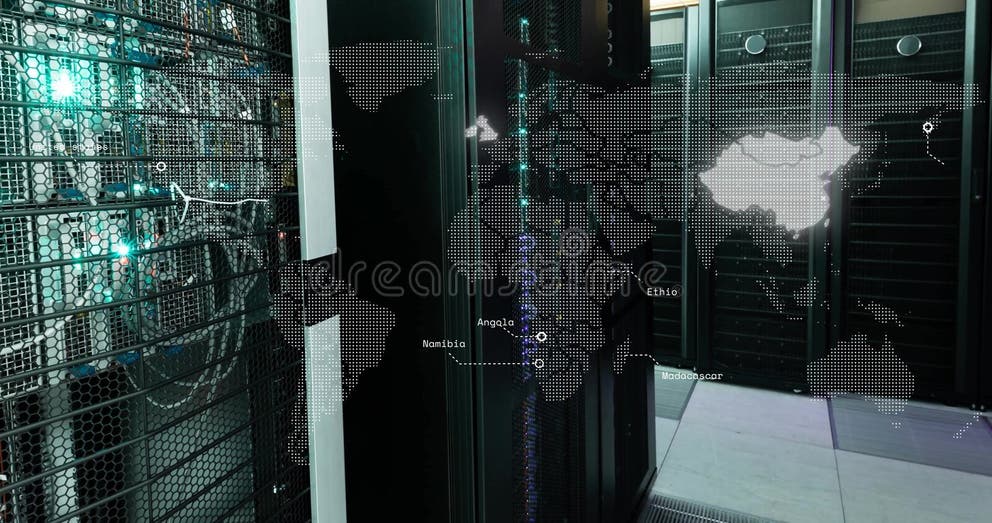 Image of Countries Flashing on World Map Over Computer Server Room ...