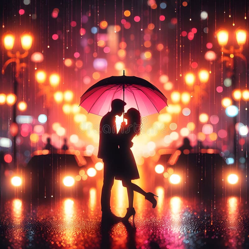 Image of a Couple Kissing Under the Red Umbrella Painted in Dima ...
