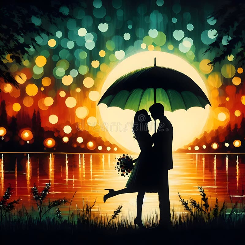 Image of a Couple Kissing Under the Red Umbrella Painted in Dima ...