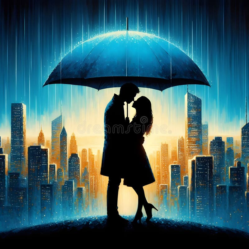 Image of a Couple Kissing Under the Red Umbrella Painted in Dima ...