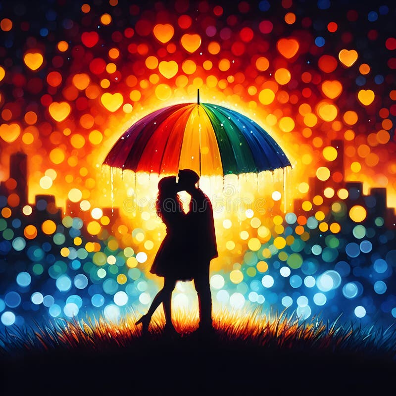 Image of a Couple Kissing Under the Red Umbrella Painted in Dima ...