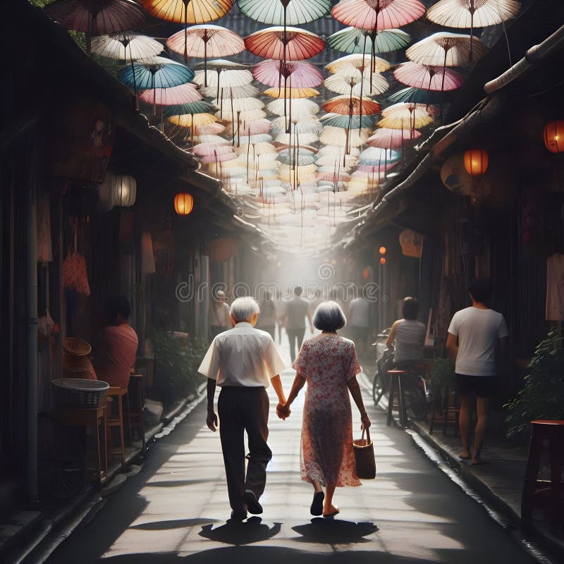 Image of a Couple Staggered Down an Alley with a Roof of Colored ...