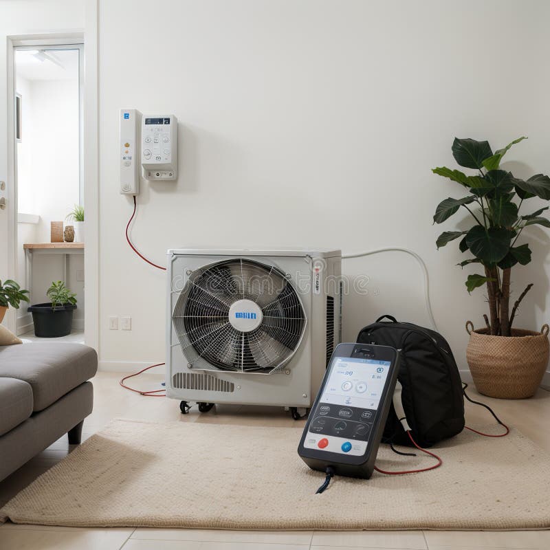 Couple Using a Convenient Air Conditioning System at Home and Setting ...
