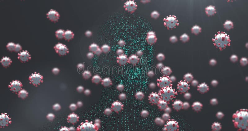 Image of Covid 19 Cell Falling Over Human Body Model on Dark Background ...